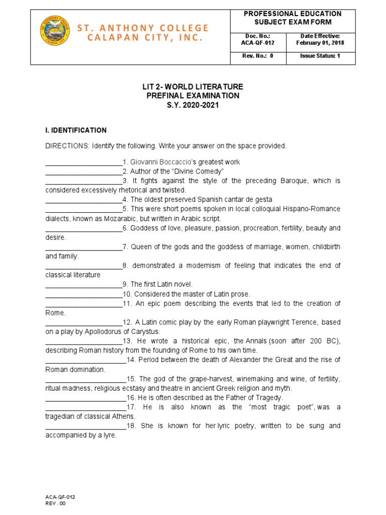 World Literature Prefinal Exam Guide | PDF | Hera | Roman Empire