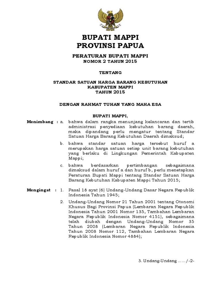 Perbup. No. 2 2015 TTG Standar Harga Barang Kebutuhan Kab. Mappi PDF | PDF