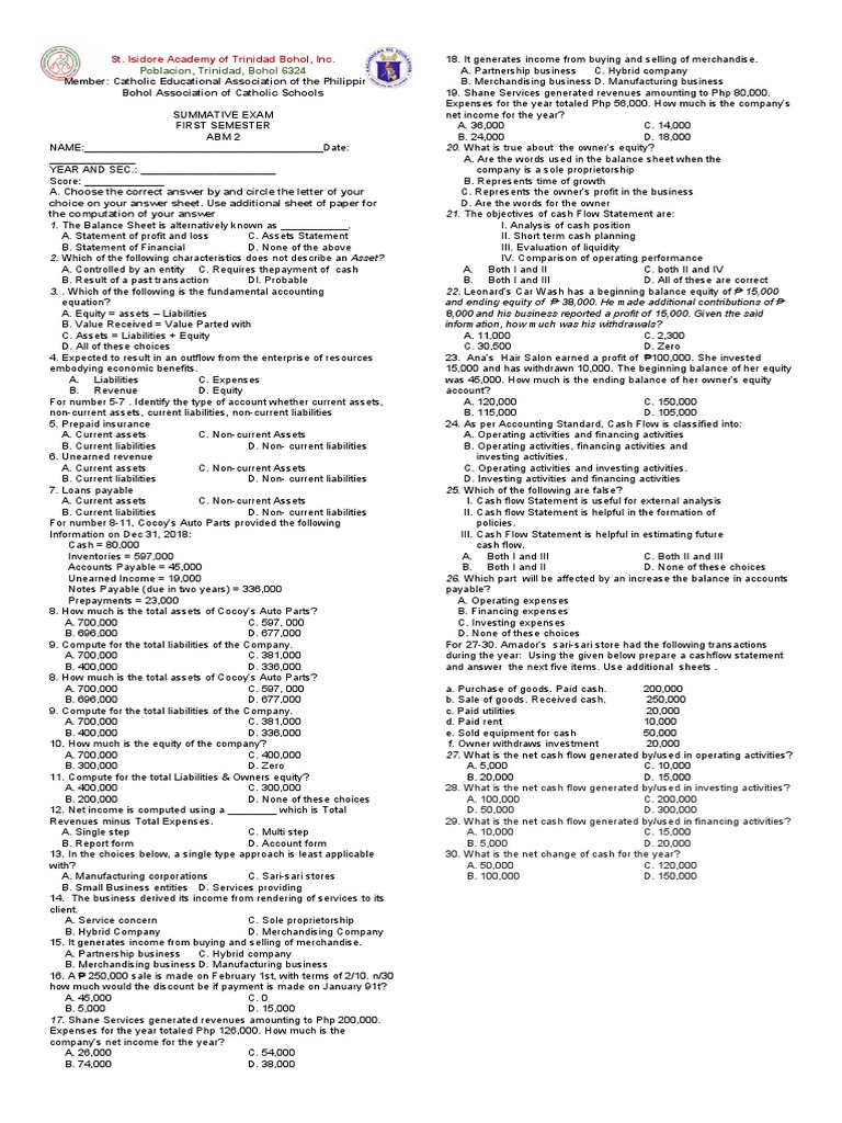 Abm 2 Summative Test | PDF | Equity (Finance) | Cash Flow Statement