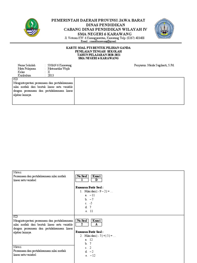 KARTU SOAL PTS MTK Kelas X Wajib 2020-2021 | PDF