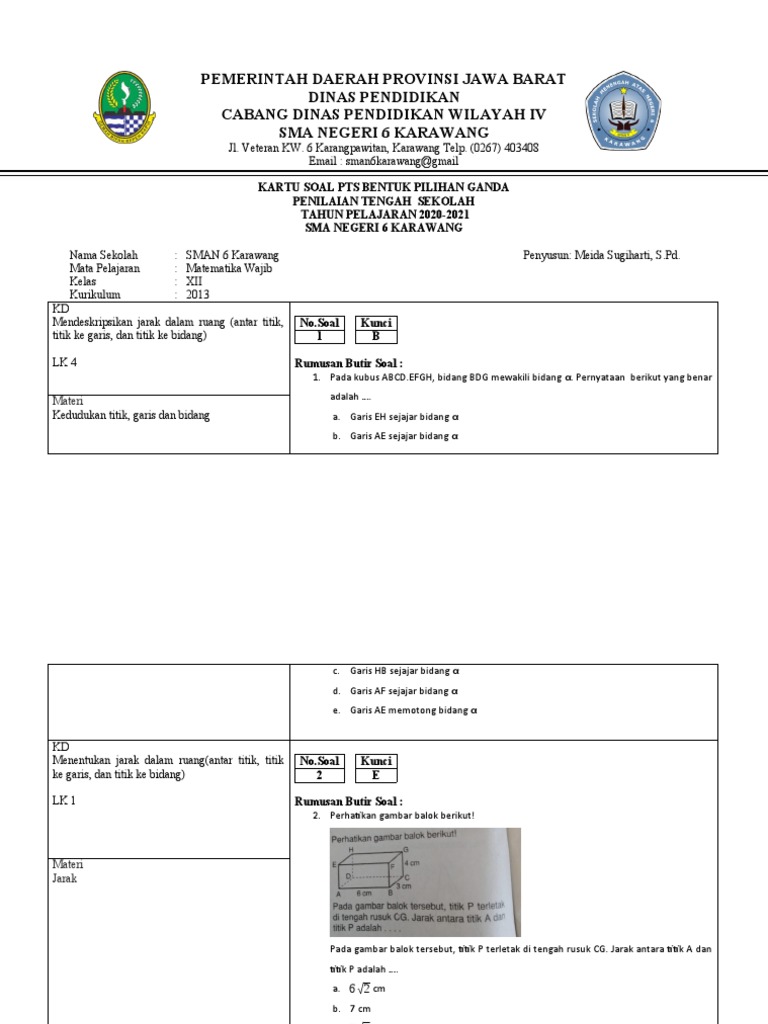 KARTU SOAL PTS MTK Kelas XII Wajib 2020-2021 | PDF