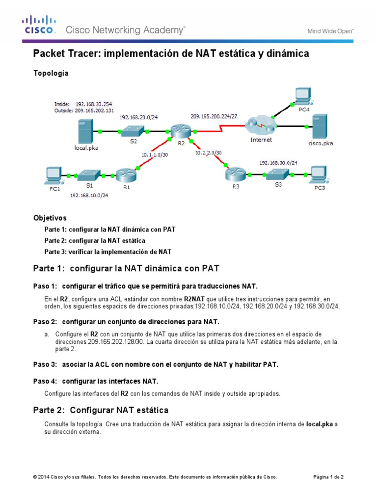 11.2.3.6 Packet Tracer - Implementing Static and Dynamic NAT Instructions | PDF