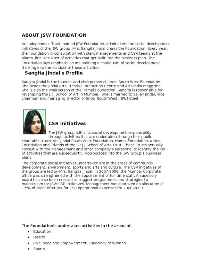 JSW Foundation's CSR Initiatives | PDF | Empowerment | Corporate Social ...