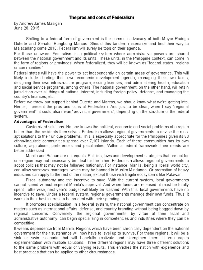 The Pros and Cons of Federalism | PDF | Federalism | Taxes