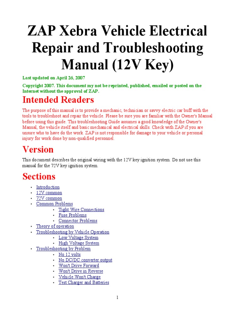 Zap Xebra Vehicle Electrical Repair and Troubleshooting PDF | PDF ...