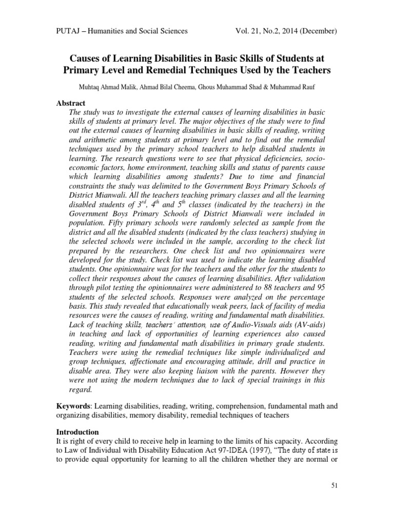 Causes of Learning Disabilities in Basic Skills of Students at Primary ...
