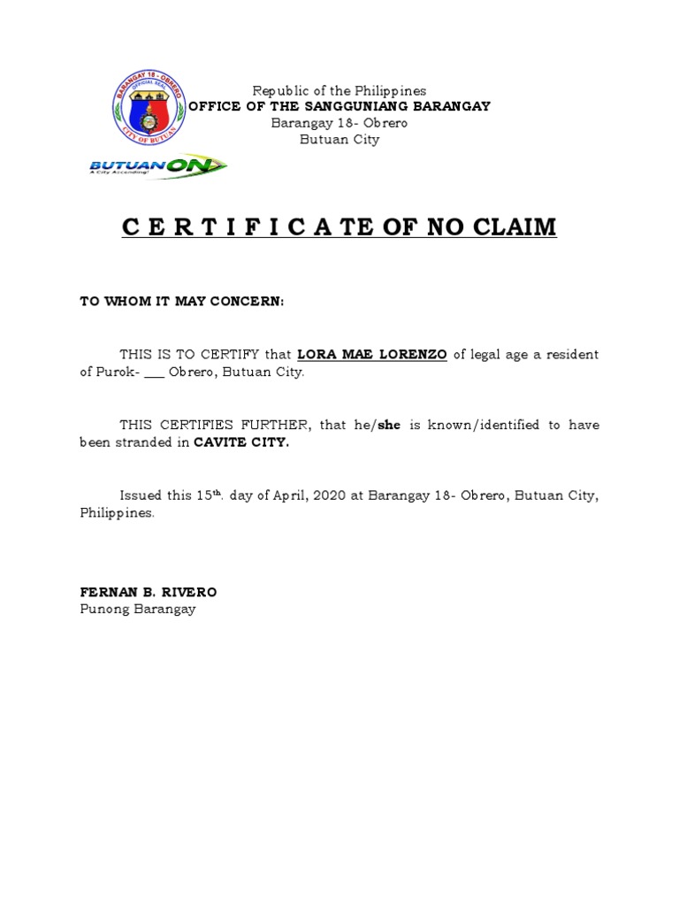 Certificate (No Claim) | PDF