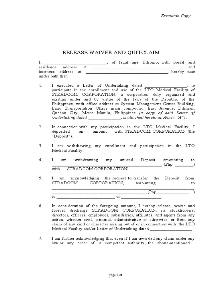 Release Waiver and Quitclaim Template | PDF | Justice | Crime & Violence