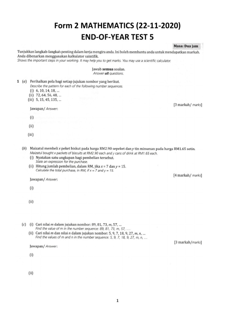 Form 2 Maths Year End Assessment (22-11 - 2020) | PDF