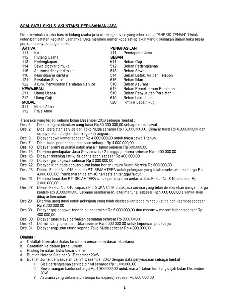Soal Satu Siklus Akuntansi Perusahaan Jasa | PDF | Pengelolaan Keuangan & Uang