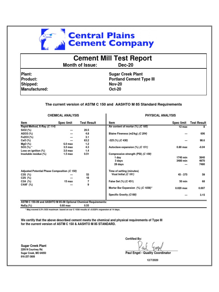 Cement Mill Certificate | PDF | Industries | Composite Material