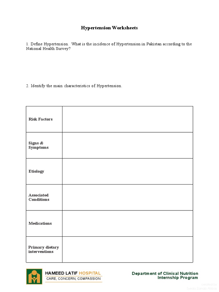 Hypertension Nutrition/Dietetics Worksheets | PDF | Hypertension ...