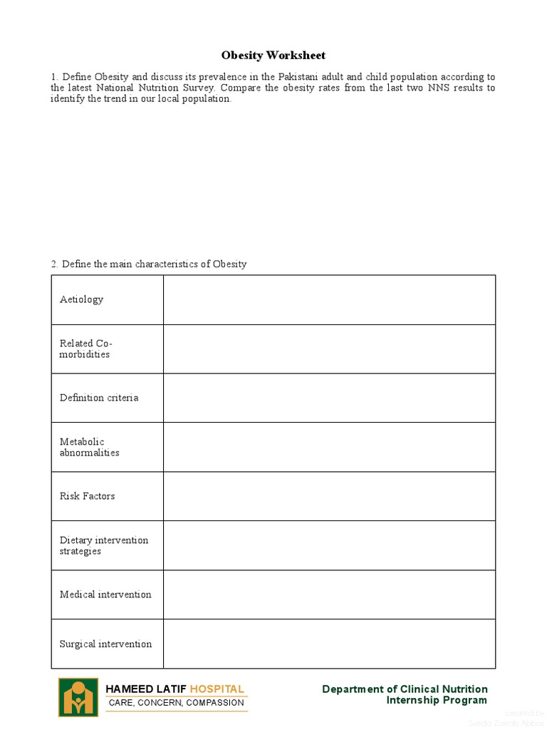 Obesity Worksheet | PDF | Bariatric Surgery | Obesity