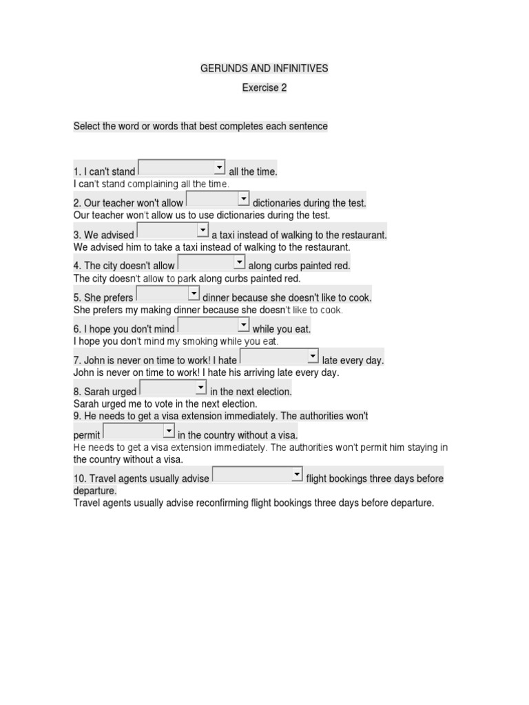 GERUNDS AND INFINITIVES Exercise 2 | PDF | Language Arts & Discipline