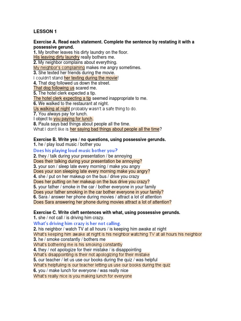 Unit 5 Lesson 1 Possessive Gerunds | PDF