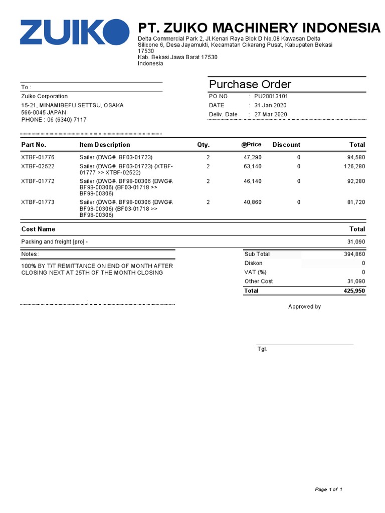PT. Zuiko Machinery Indonesia Order | PDF