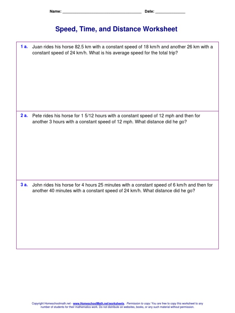 Speed, Time, and Distance Worksheet: Name: - Date | PDF