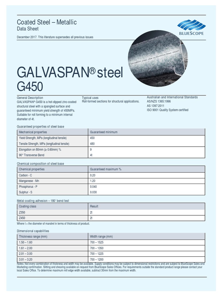 Galvaspan G450 | PDF | Strength Of Materials | Yield (Engineering)