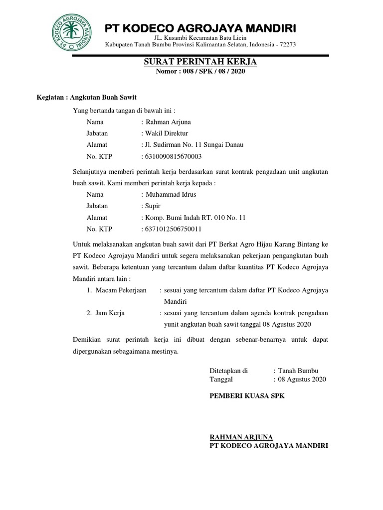 Surat Perintah Kerja PT Kodeco Agrojaya Mandiri | PDF
