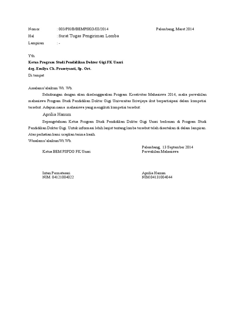 Urat Tugas Pengiriman Lomba: Ketua Program Studi Pendidikan Dokter Gigi FK Unsri Drg. Emilya Ch ...