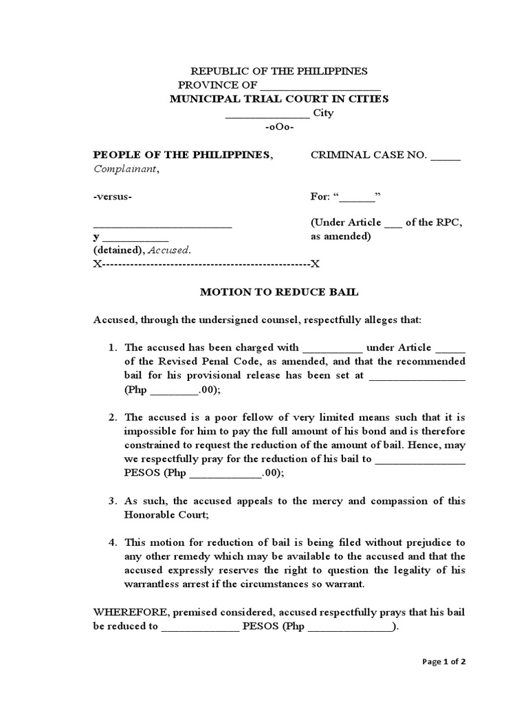 Motion To Reduce Bail | PDF | Bail | Separation Of Powers