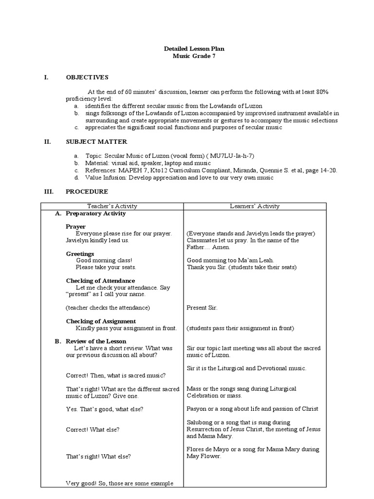 Exploring the Secular Music of Luzon: A Detailed Lesson Plan for Music ...