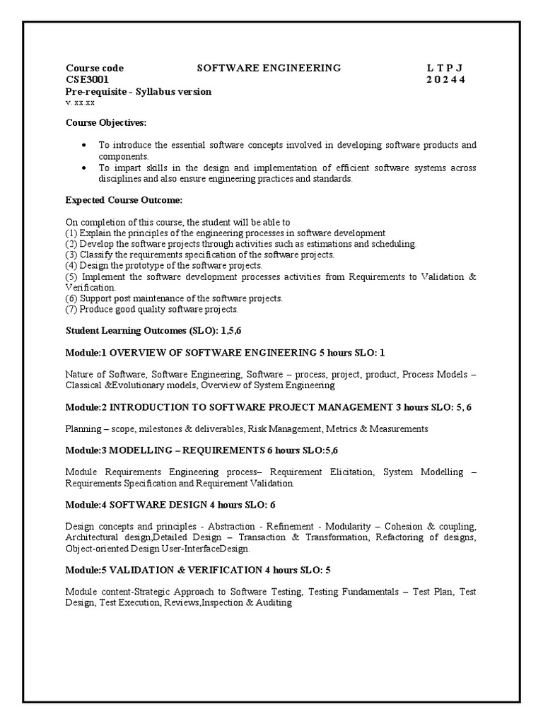 Course Code Software Engineering LTPJ CSE3001 2 0 2 4 4 Pre-Requisite ...