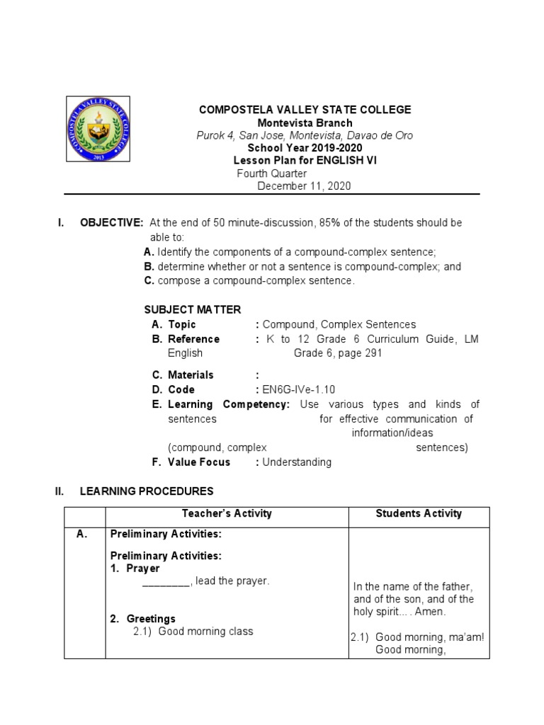 English VI Lesson Plan: Sentence Structure | PDF | Sentence ...