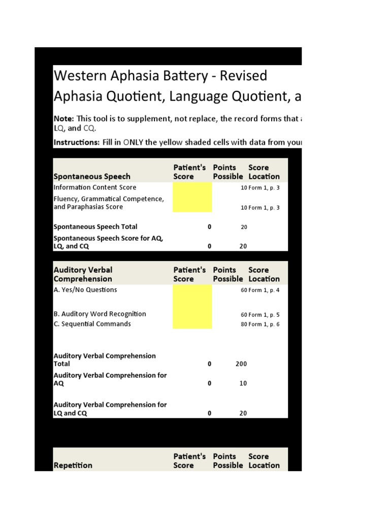Western Aphasia Battery Score Calculator | PDF | Aphasia ...