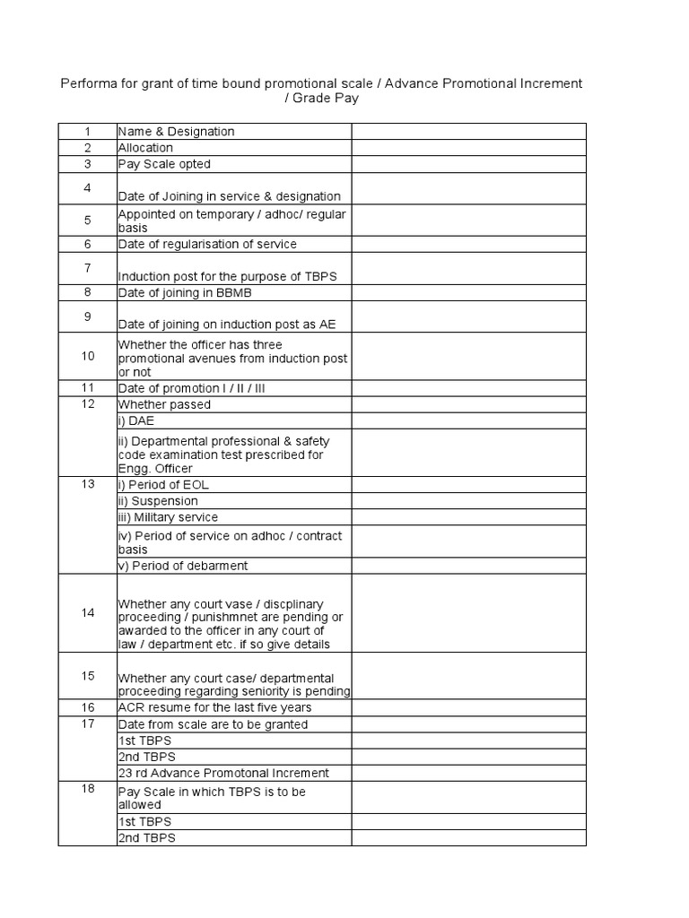 Performa For Grant of Time Bound Promotional Scale / Advance ...