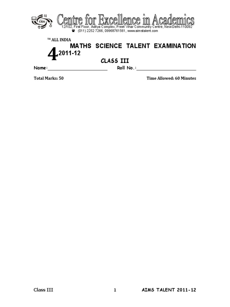 Maths Science Talent Examination 2011-12: Class Iii | PDF | Nature