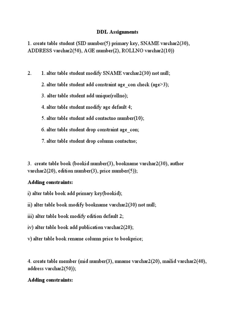 DBMS - Assignment/Answer/DDL - Oracle | PDF