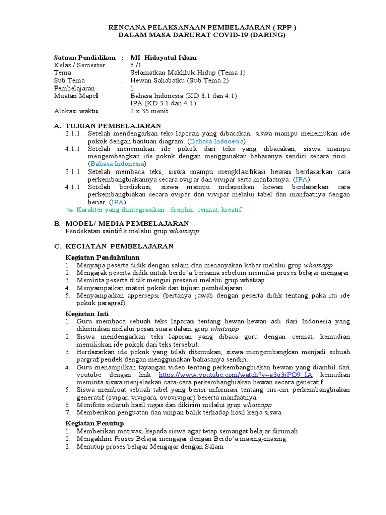 RPP Tematik Kls 6 Tema 1 Sub Tema 2 | PDF