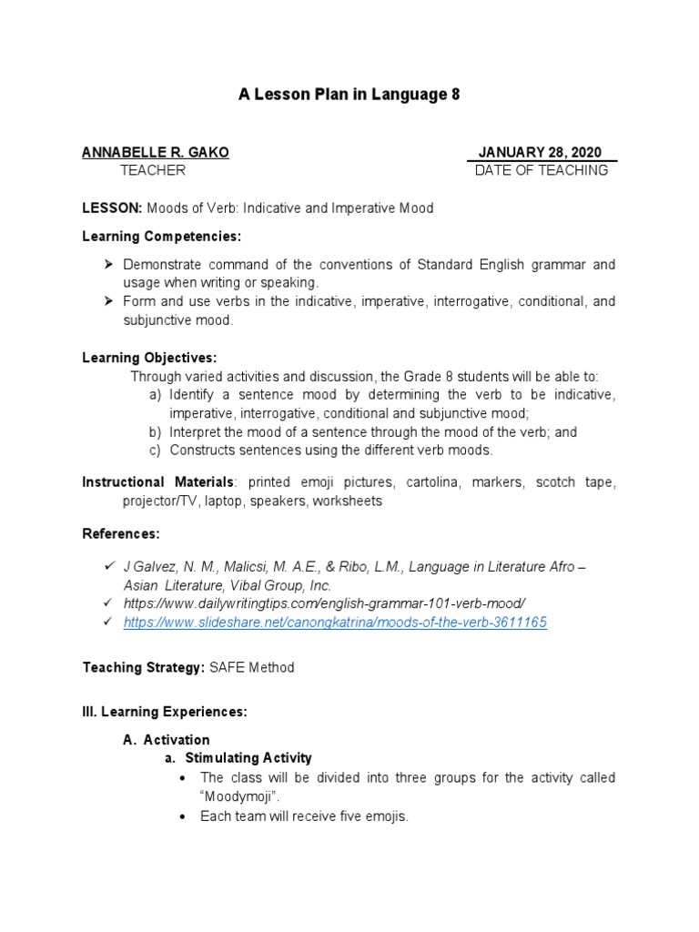 Verb Moods Lesson Plan | PDF | Sentence (Linguistics) | Linguistics