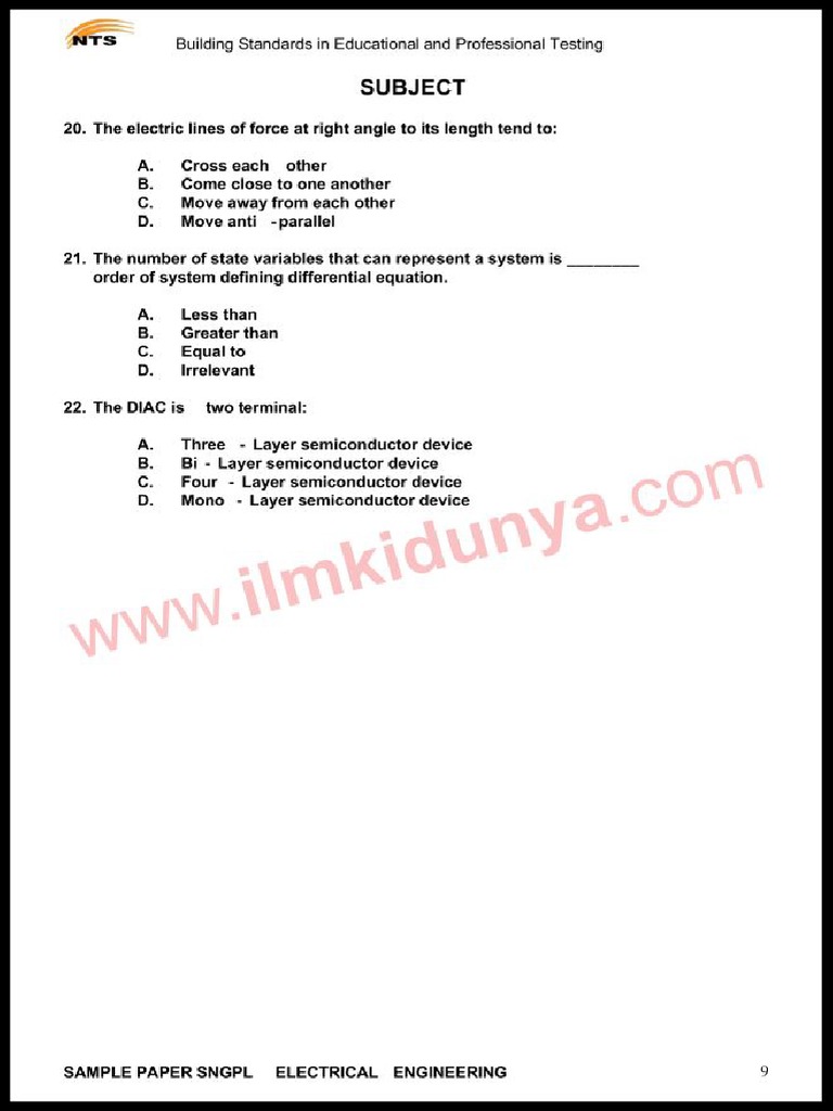 NTS Sample Past Papers Electrical Engineering Department Subject PDF | PDF