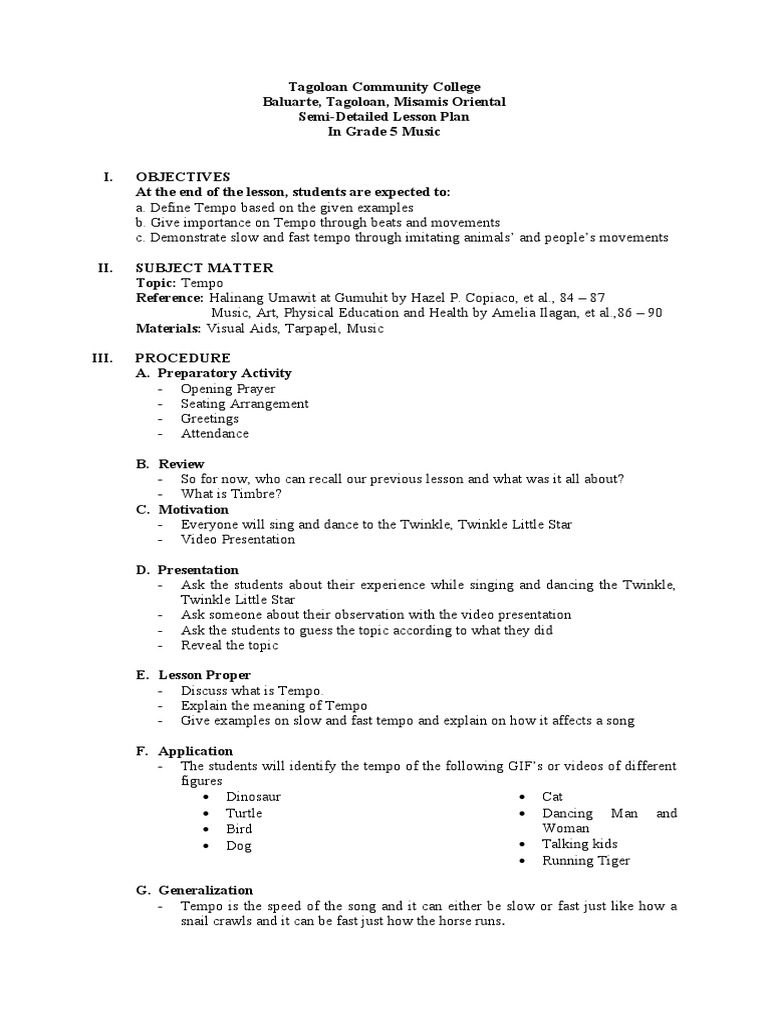 Bongaos, Julie Marie (T-MUSIC - SEMI-DETAILED LESSON PLAN - BEED-3A ...