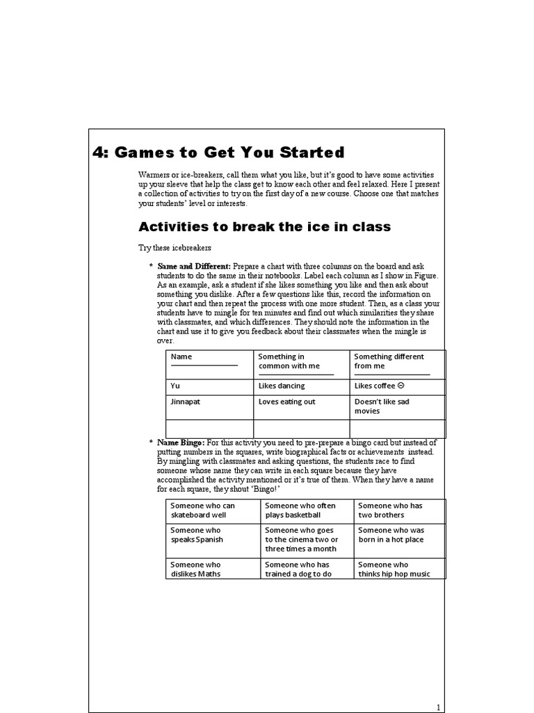 4: Games To Get You Started: Activities To Break The Ice in Class | PDF