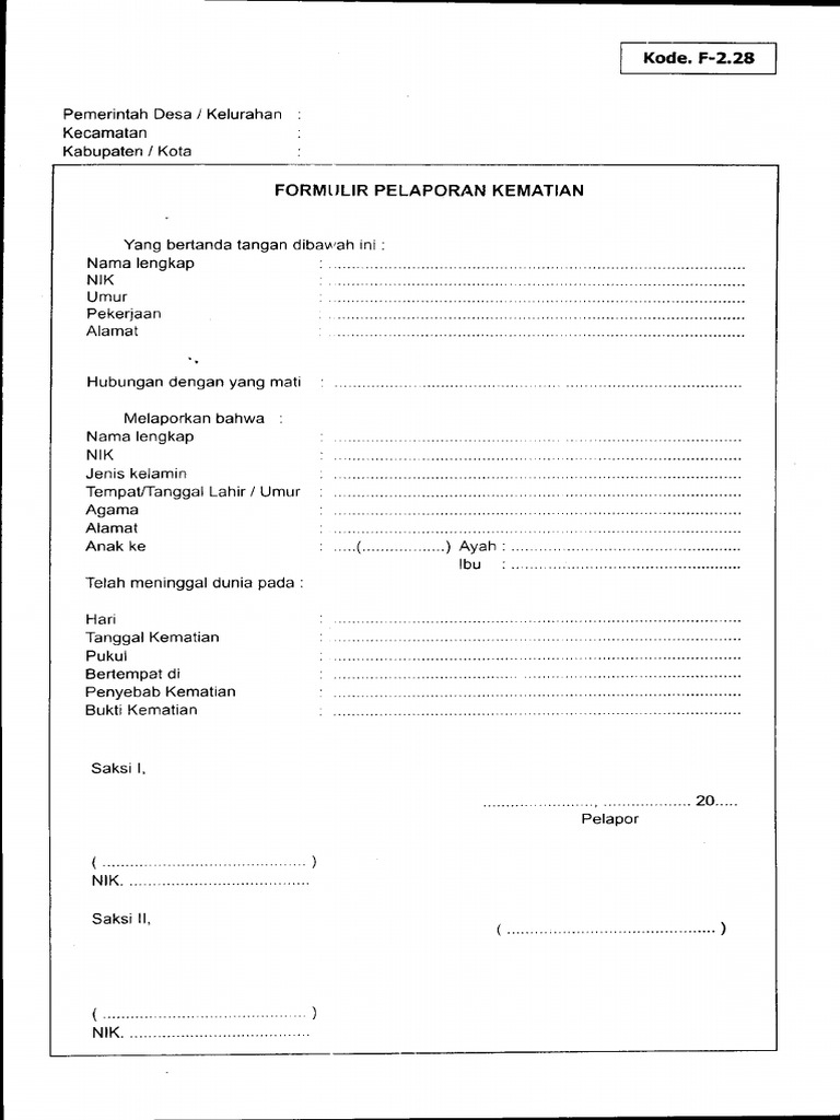 Formulir Pendaftaran Akta Kematian PDF | PDF