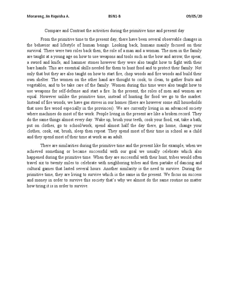 Compare and Contrast The Activities During The Primitive Time and ...