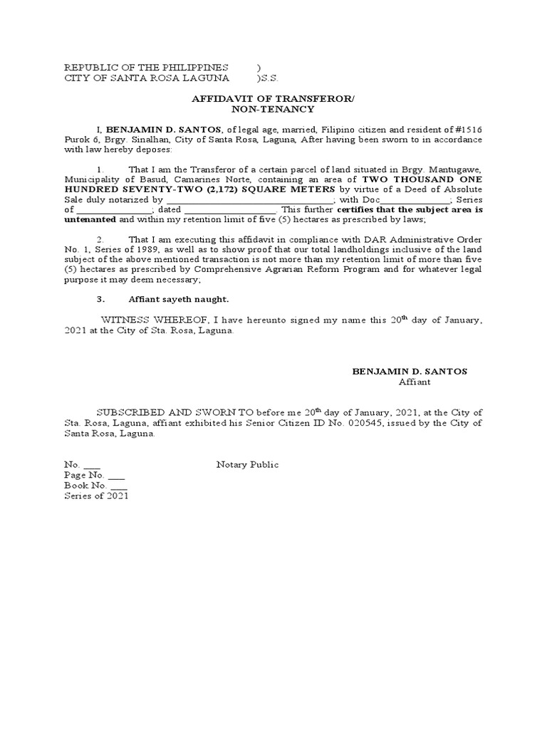 Affidavit of Transferor/ Non-Tenancy | PDF | Affidavit | Notary Public