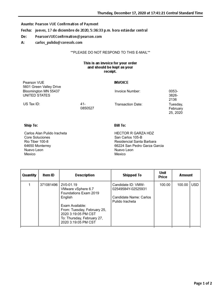 VMware vSphere 6.7 Exam Payment Invoice | PDF | Receipt | Invoice