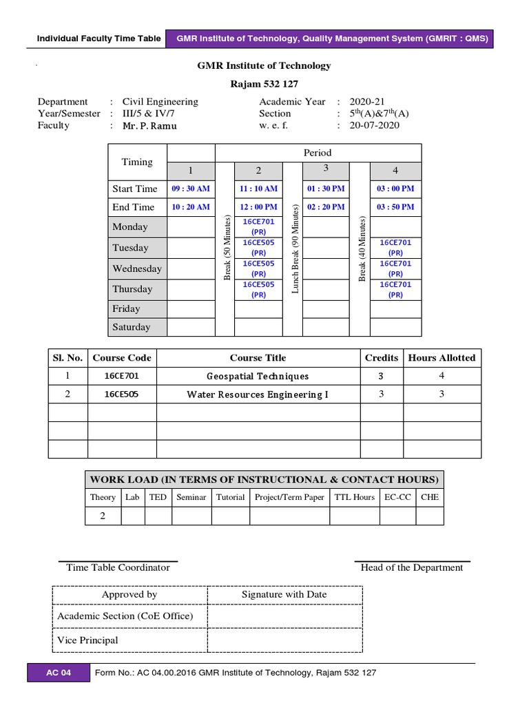 GMRIT Faculty Time Table | PDF | Academia | Science