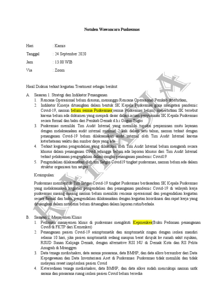 Notulen Wawancara Puskesmas - Treatment | PDF