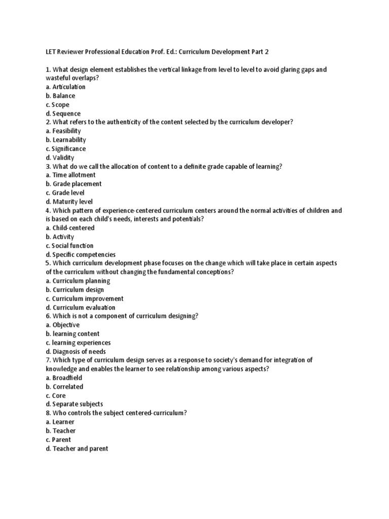 Print LET Reviewer Professional Education Prof. Ed. Curriculum Development Part 2 | PDF ...
