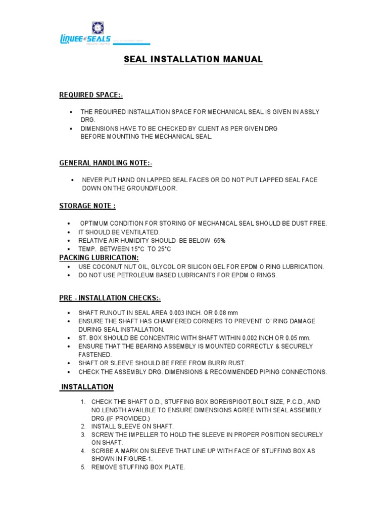 Mechanical Seal Installation Guide | PDF | Pump | Manufactured Goods
