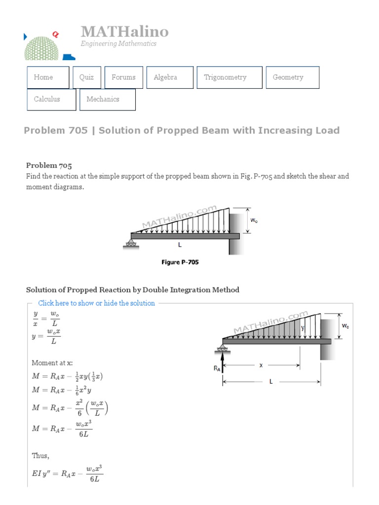 Propped Beam Analysis and Solutions | PDF | Beam (Structure) | Equations