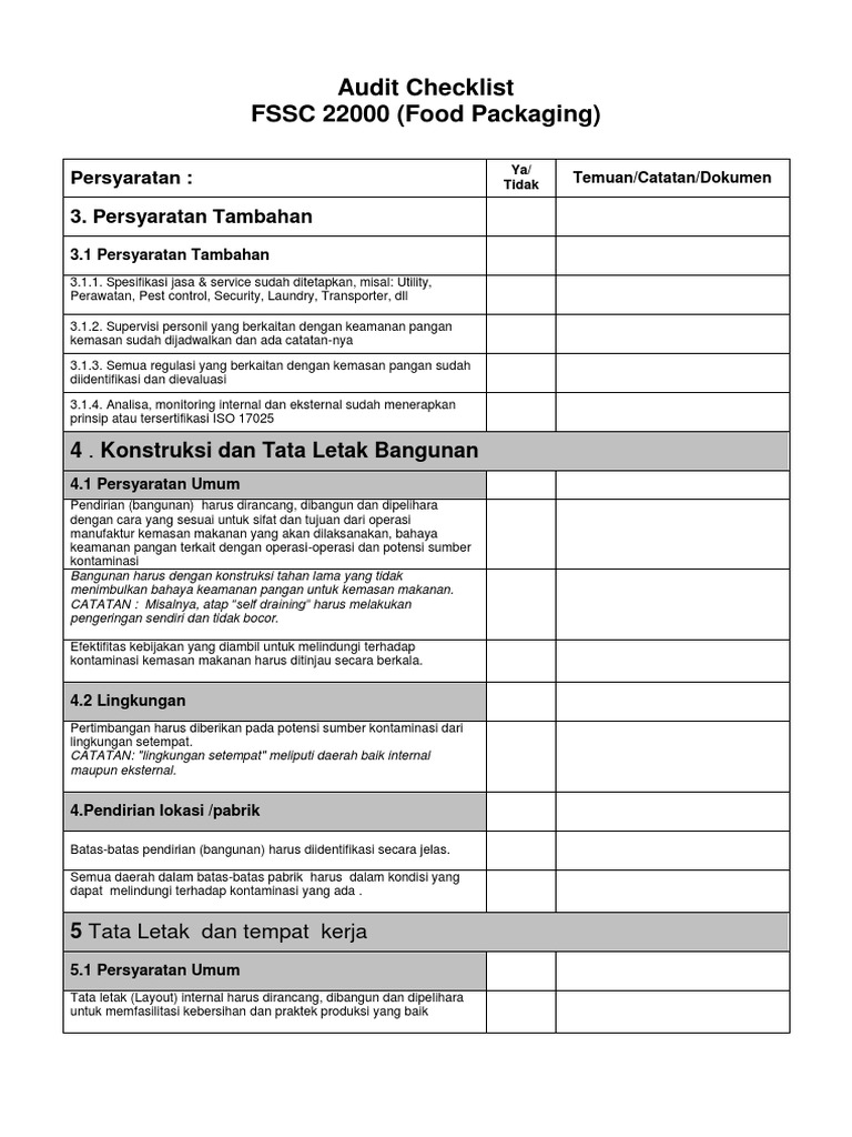 Checklist Audit FSSC 22000 | PDF