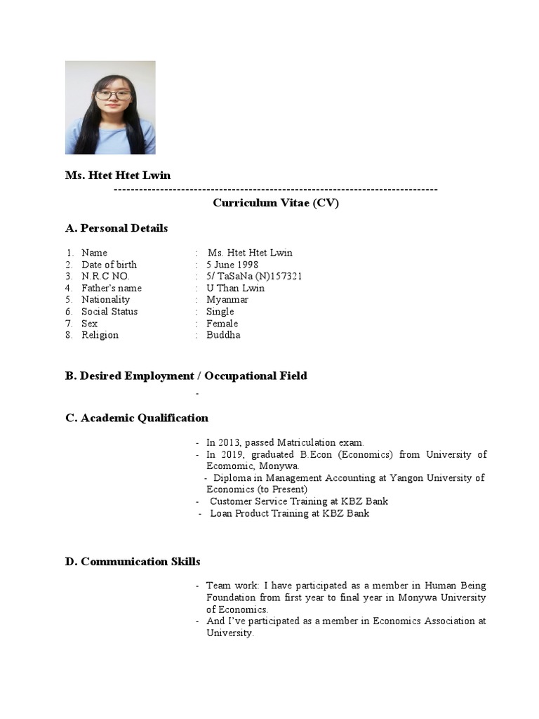 Ms - Htet Htet Lwin (CV) | PDF | Human Nature | Languages