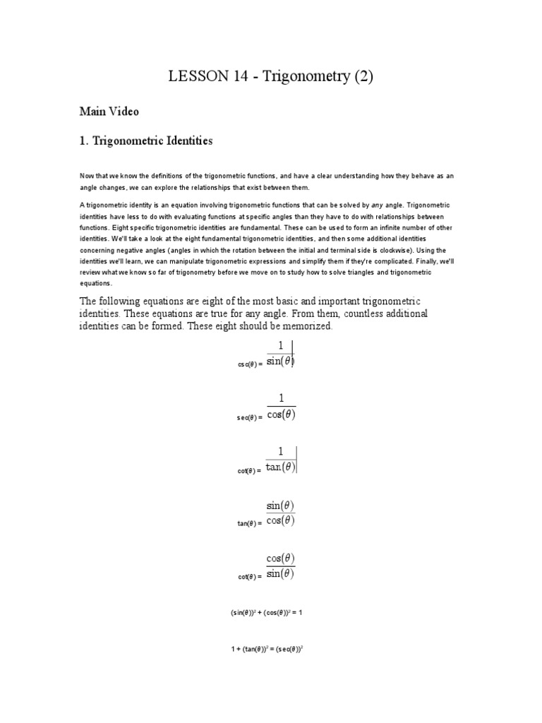 TRIGONOMY IDENTITIES AND EQUATIONS | PDF | Trigonometric Functions ...
