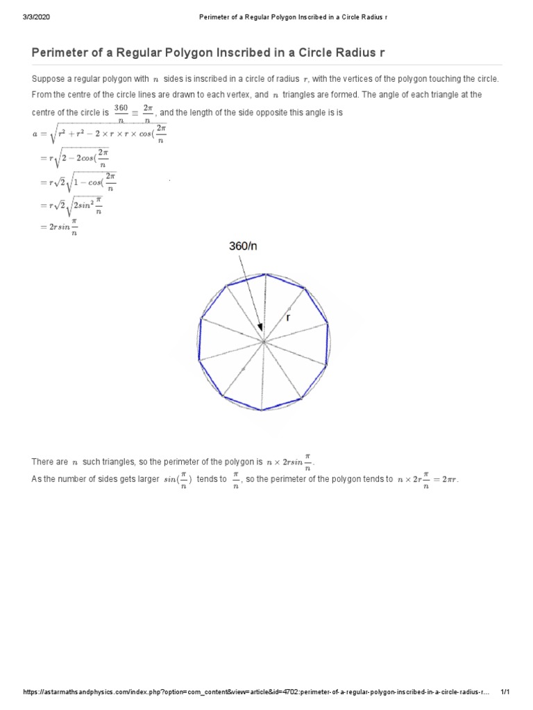 Perimeter of A Regular Polygon Inscribed in A Circle Radius R | PDF
